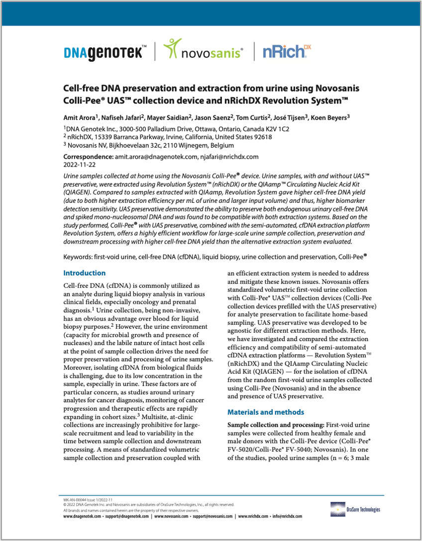 Novosanis and nRichDX Urine Collection and Extraction Solutions